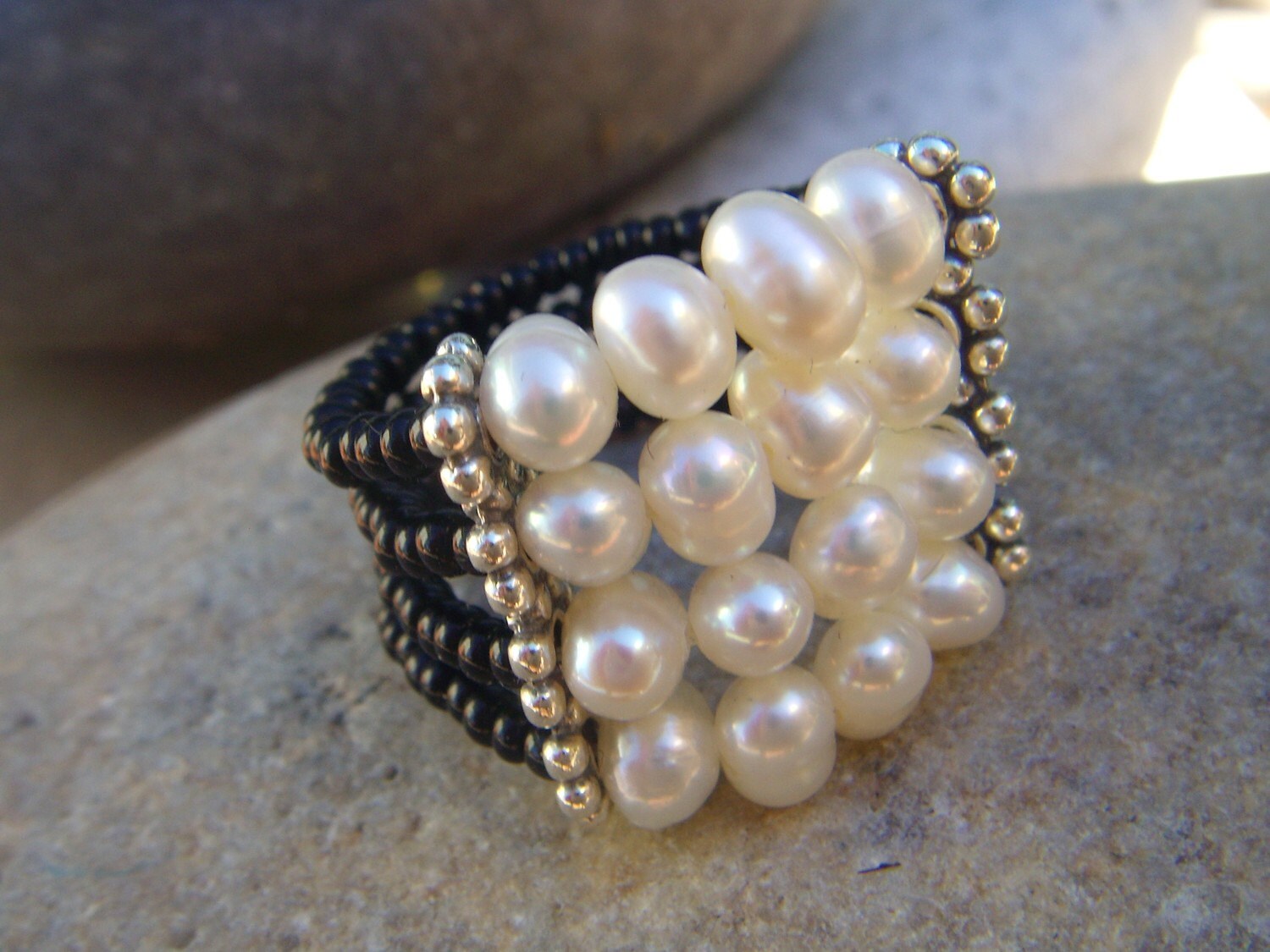 Hecho a mano perlas anillo anillo Cocktail perla grueso anillo de ...