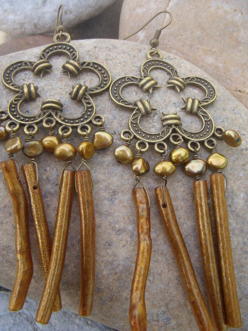 Gladiator Gold Earrings - Long Dangle Earrings - Brass Chandelier ...