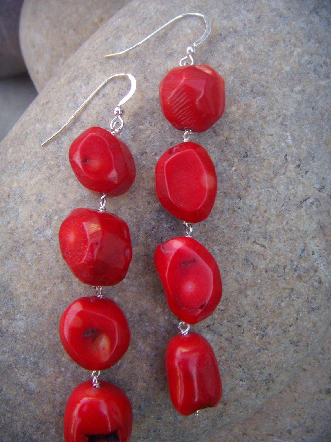 Red Earrings - Red Coral Earrings - Long Dangle Earrings - Sterling ...