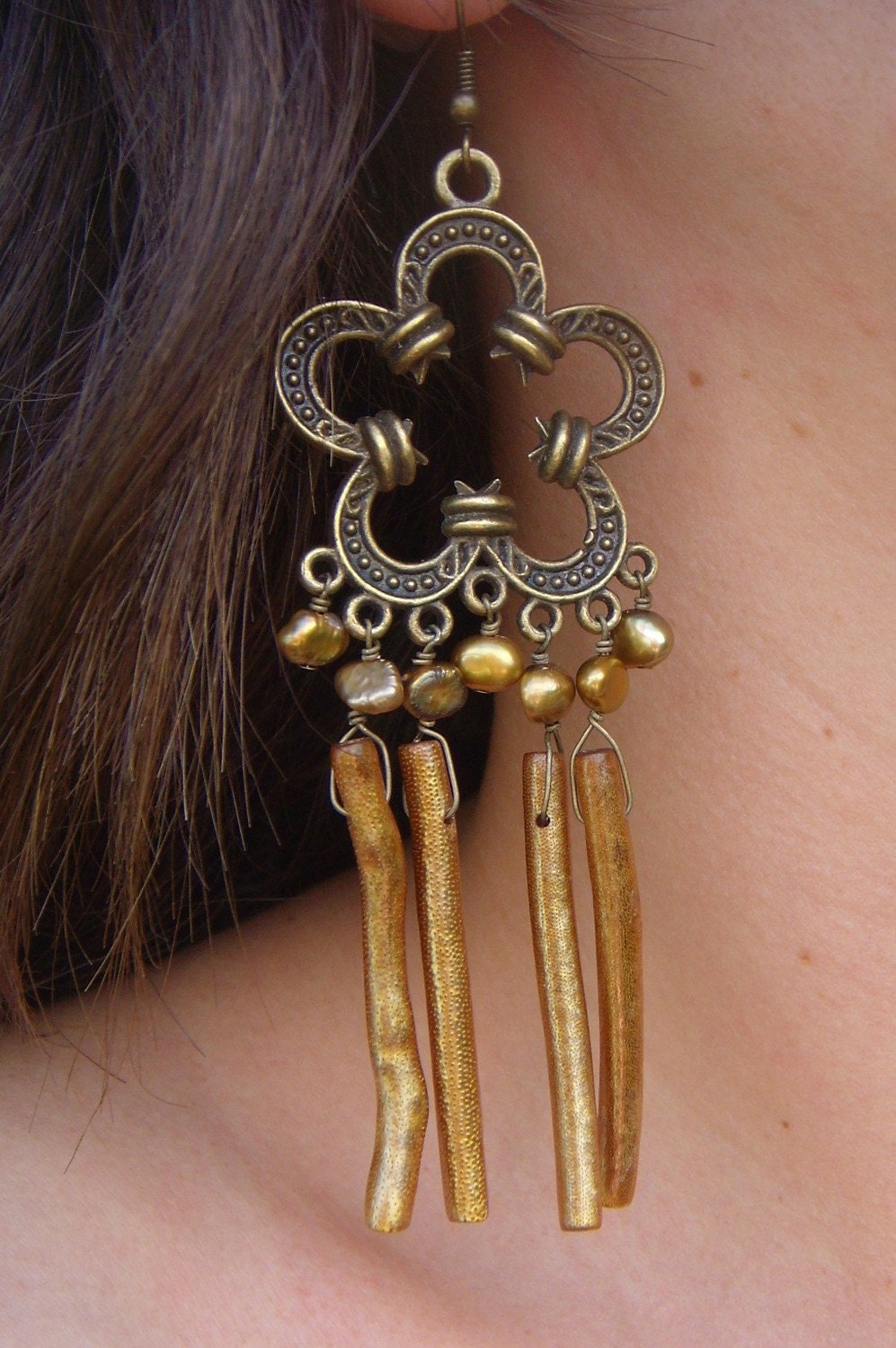 Gladiator Gold Earrings - Long Dangle Earrings - Brass Chandelier ...