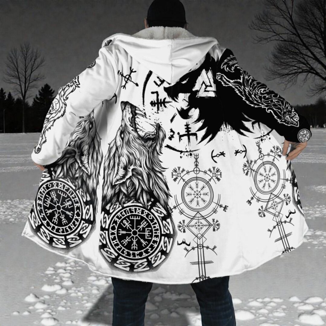 Wolf Raven Rune Hooded Cloak, Gothic Viking Style Coat, Dark Fantasy ...