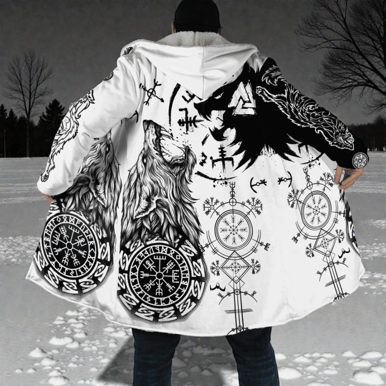Wolf Raven Rune Hooded Cloak, Gothic Viking Style Coat, Dark Fantasy ...