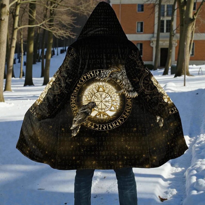 Viking Raven Rune Hooded Coat, Viking Hooded Cloak, Dark Fantasy ...