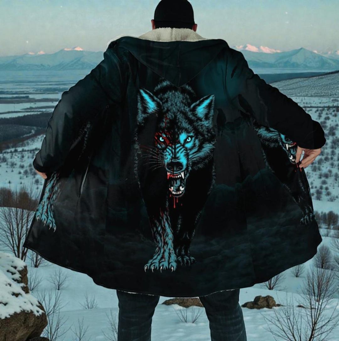Dark Wolf Cloak Hooded Coat, Gothic Wolf Print Jacket, Fantasy Animal ...