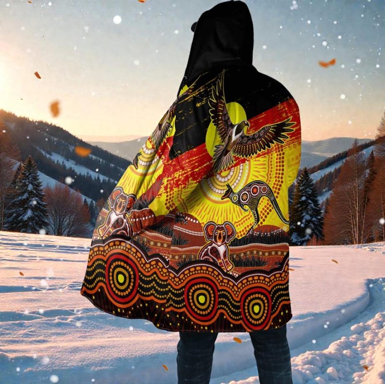 Aboriginal Art Hooded Cloak, Indigenous Style Winter Cloak, Tribal ...