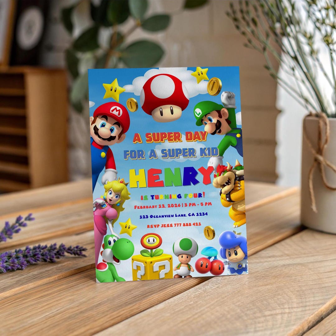Super Mario Bros Canva Invitation, Editable Digital Birthday Template ...