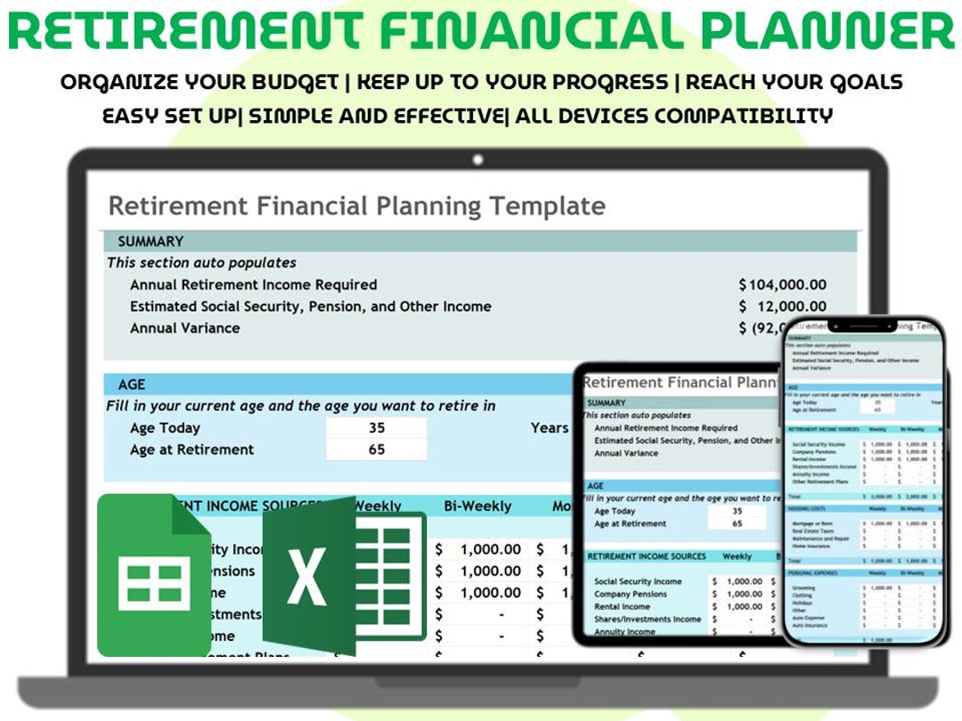 Retirement Financial Planner Excel Google Sheets Budget Template Income ...