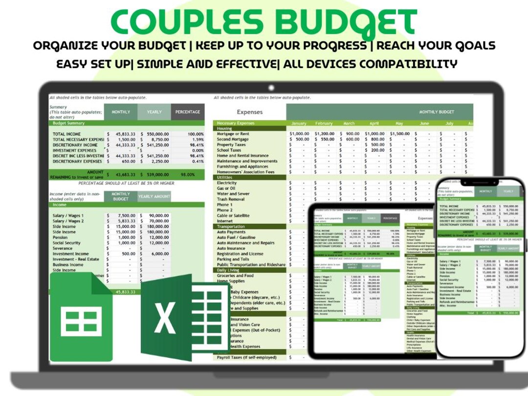 Couples Budget Planner Google Sheets Excel Monthly Annual Budget ...