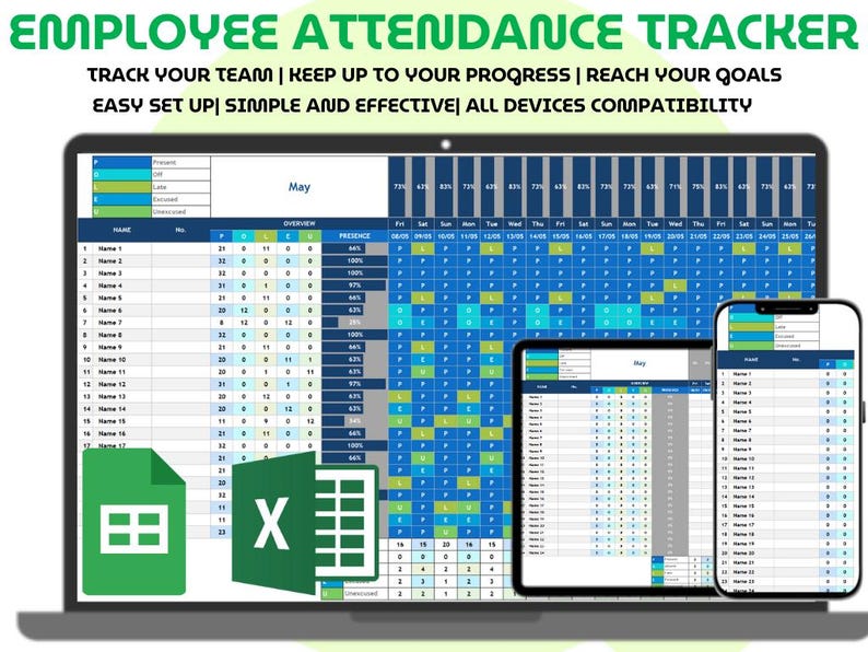 Employee Attendance Tracker Excel Google Sheets Monthly Staff ...