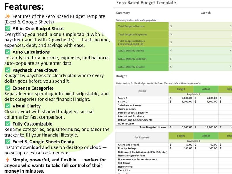 Zero Based Budget Spreadsheet Google Sheets Excel Template Monthly ...