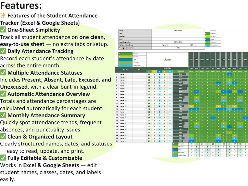 Student Attendance Tracker Template Excel Google Sheets Daily Class ...