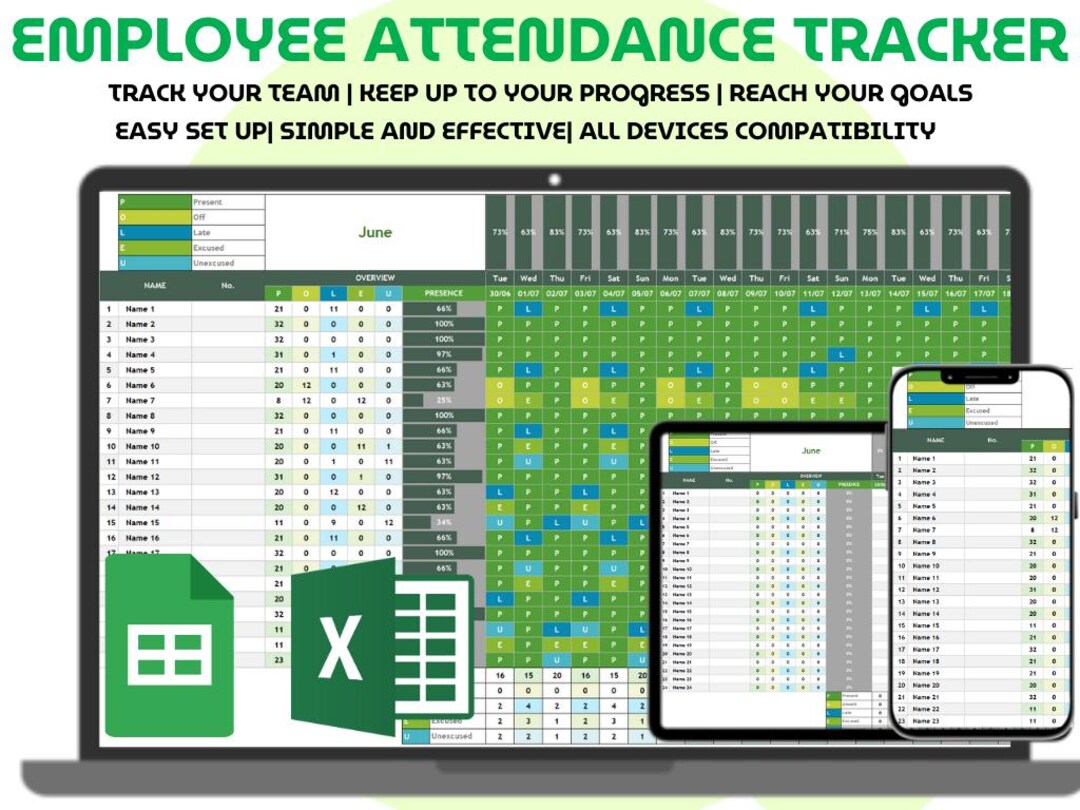 Employee Attendance Tracker Spreadsheet Excel Google Sheets Monthly ...