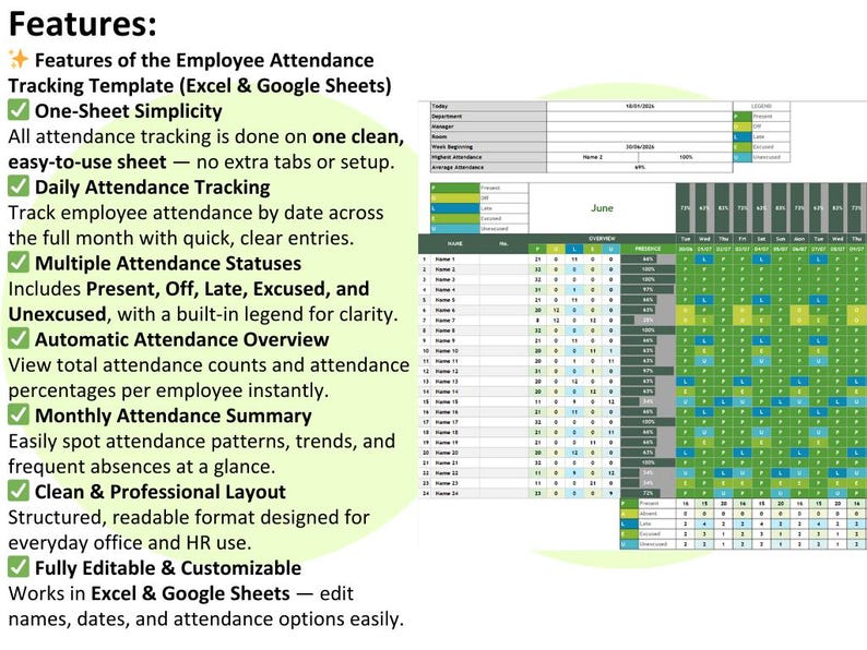 Employee Attendance Tracker Spreadsheet Excel Google Sheets Monthly ...