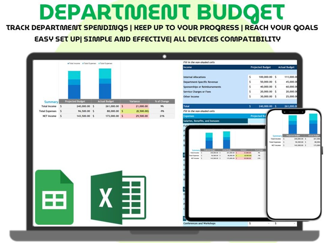 Department Budget Tracker Excel Google Sheets One Sheet Finance Planner ...