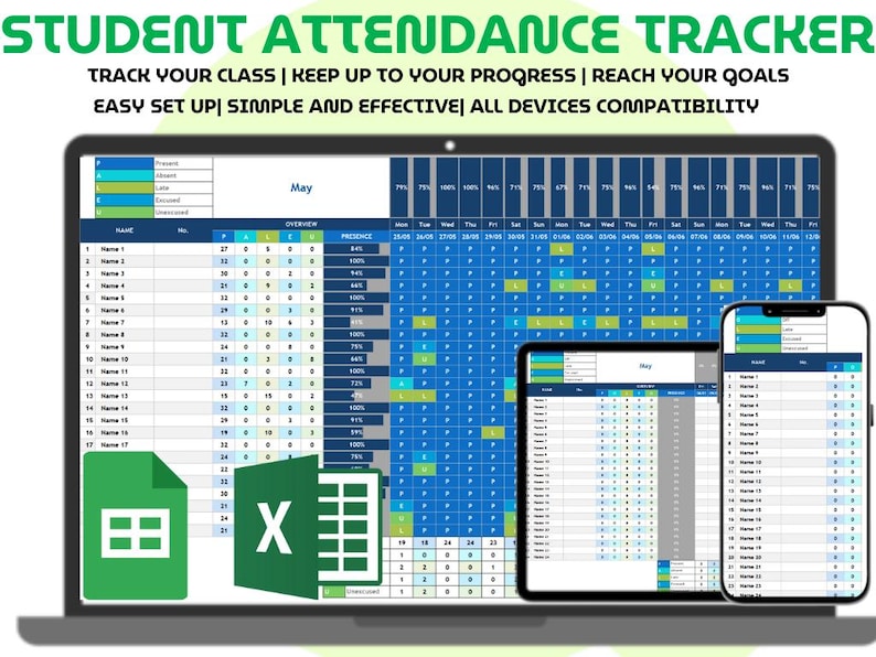 Student Attendance Tracker Spreadsheet Excel Google Sheets Daily School ...