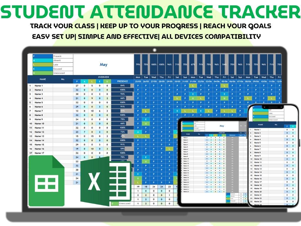 Student Attendance Tracker Spreadsheet Excel Google Sheets Daily School ...