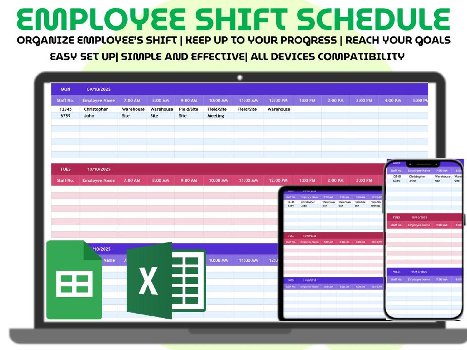 Employee Work Schedule Template Excel Google Sheets Weekly Staff Roster ...