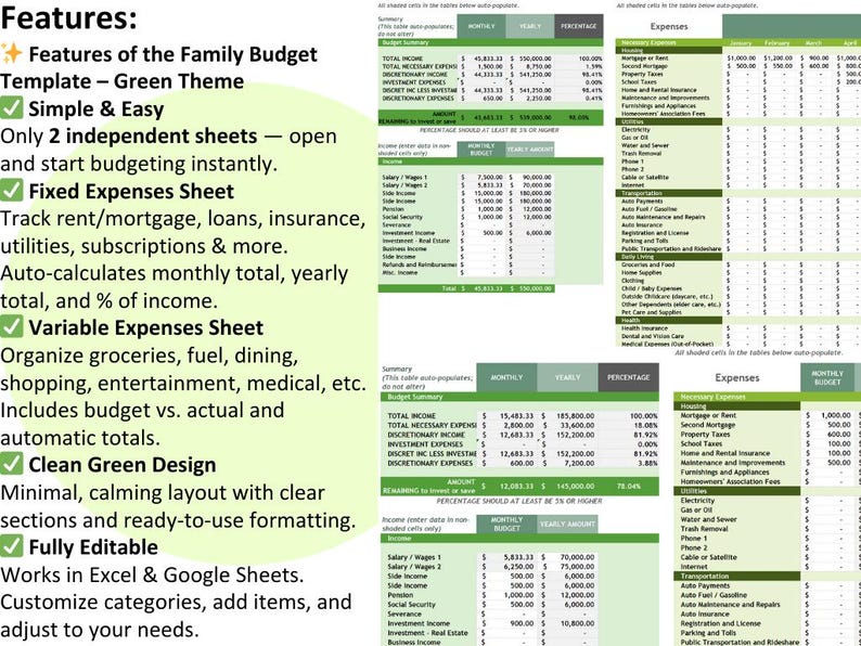Family Budget Google Sheets Excel Monthly Annual Budget Spreadsheet ...