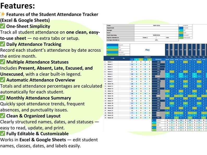 Employee Attendance Tracker Excel Google Sheets Monthly Staff ...