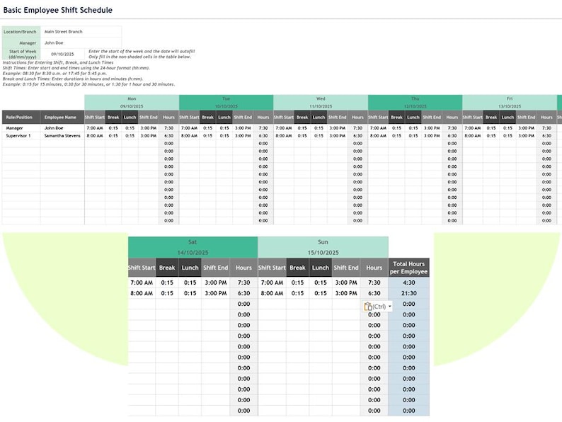 Employee Shift Schedule Tracker Template Excel and Google Sheets Weekly ...