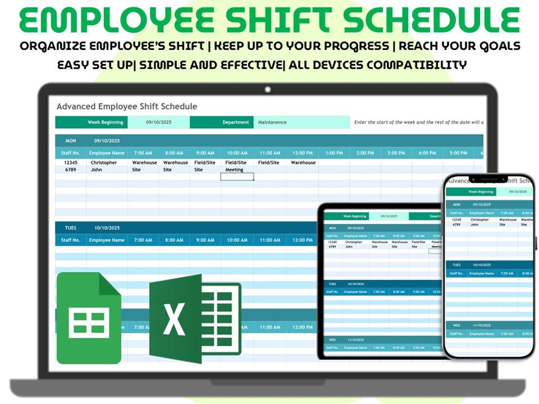 Employee Shift Schedule Template Excel Google Sheet Weekly Staff ...