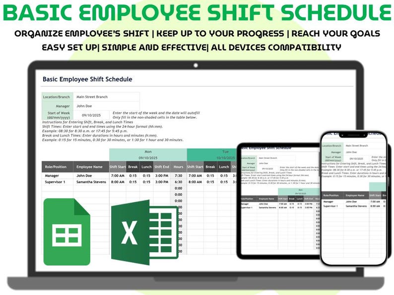 Employee Shift Schedule Tracker Template Excel and Google Sheets Weekly ...