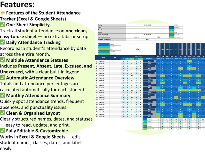 Student Attendance Tracker Spreadsheet Excel Google Sheets Daily School ...
