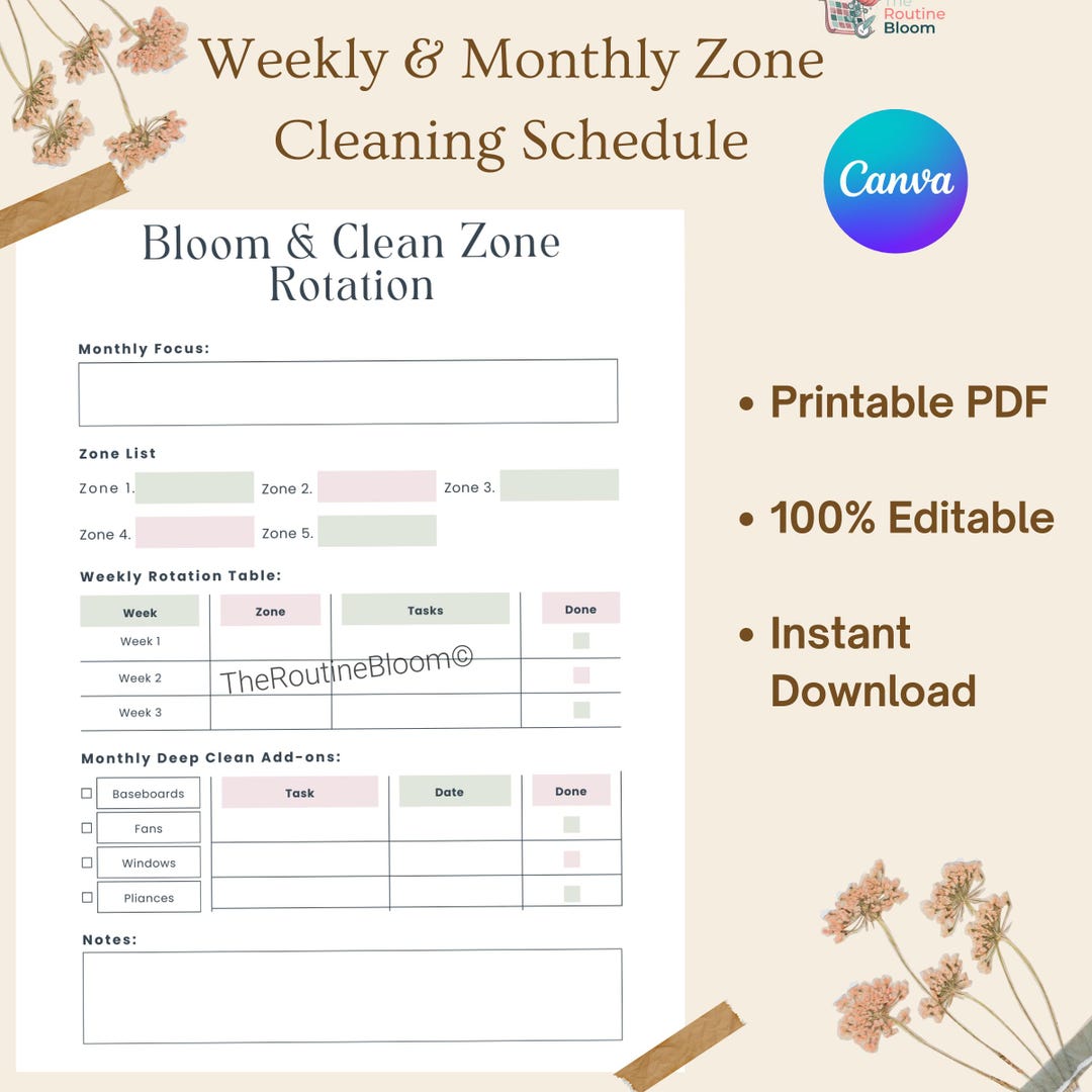 Zone Cleaning Schedule | Weekly Housekeeping Planner (PDF Download) - Etsy