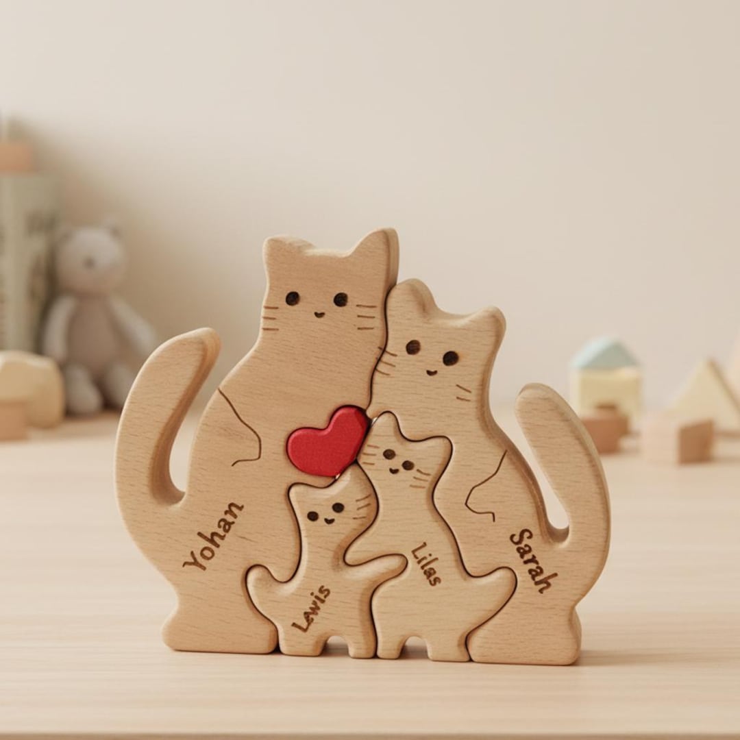 Personalized Wooden Cat Family Puzzle, Custom Wooden Puzzle, Cat Family ...