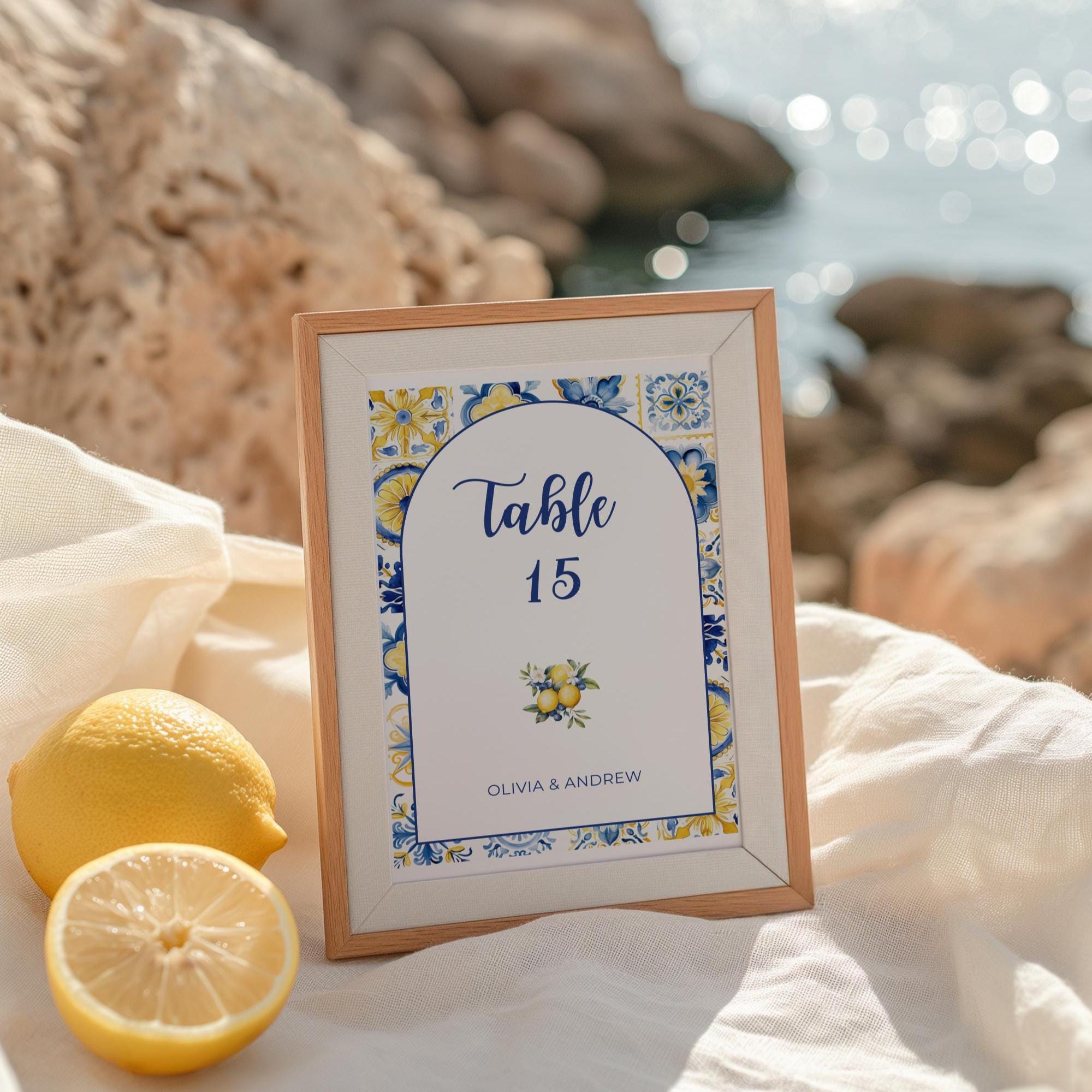 Italian Lemon Table Numbers | Blue Yellow Tile | Editable Canva ...
