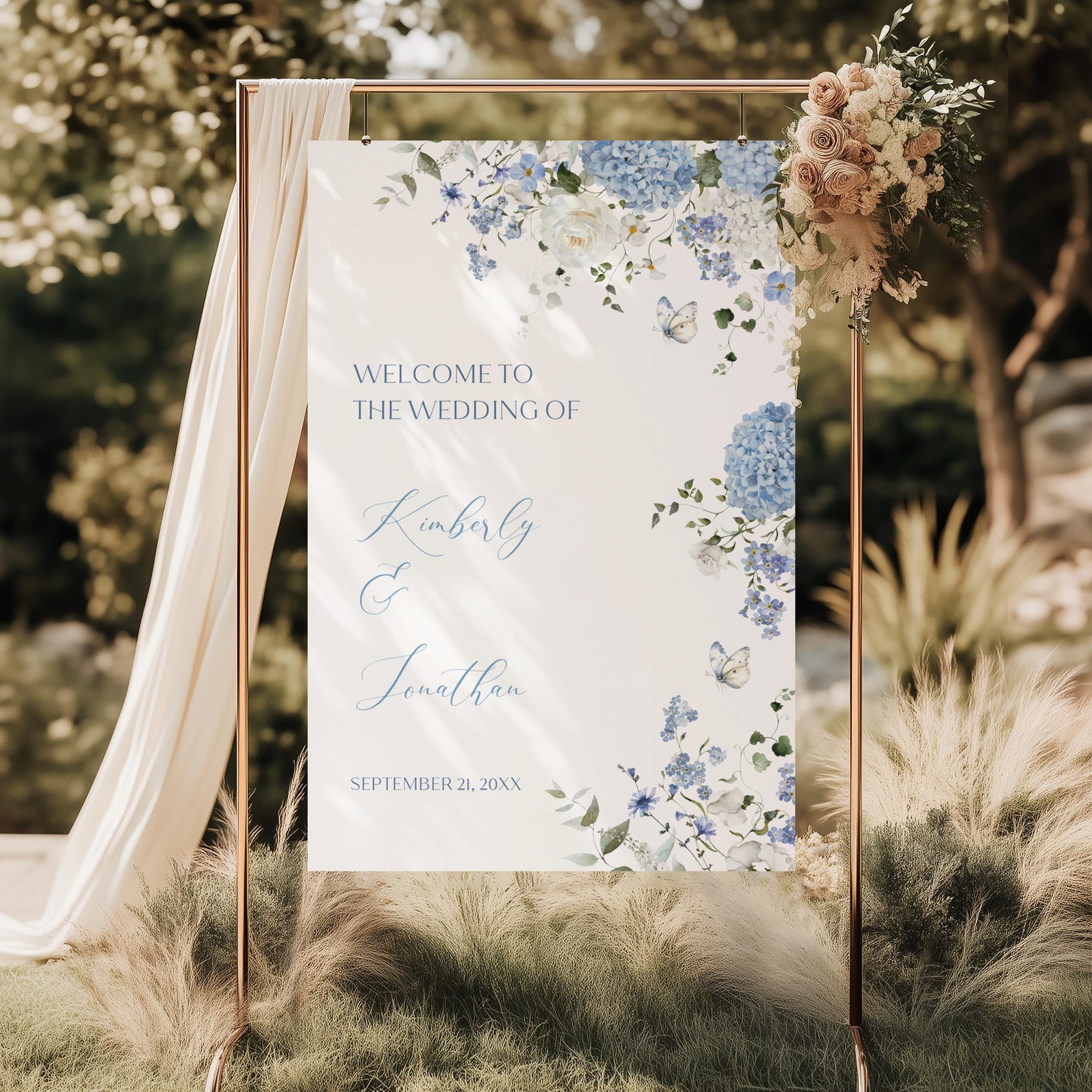 Dusty Blue Hydrangea Wedding Welcome Sign (editable Canva Template ...