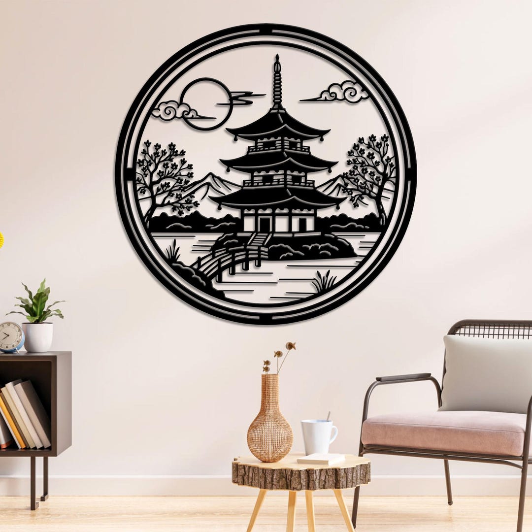Japanese Pagoda Metal Wall Art Zen Asian Garden Decor Round Steel Home ...