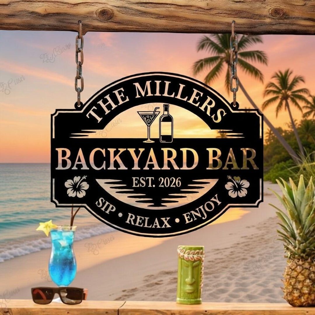 Personalized Backyard Bar Metal Sign, Custom Beach Bar Name Sign ...