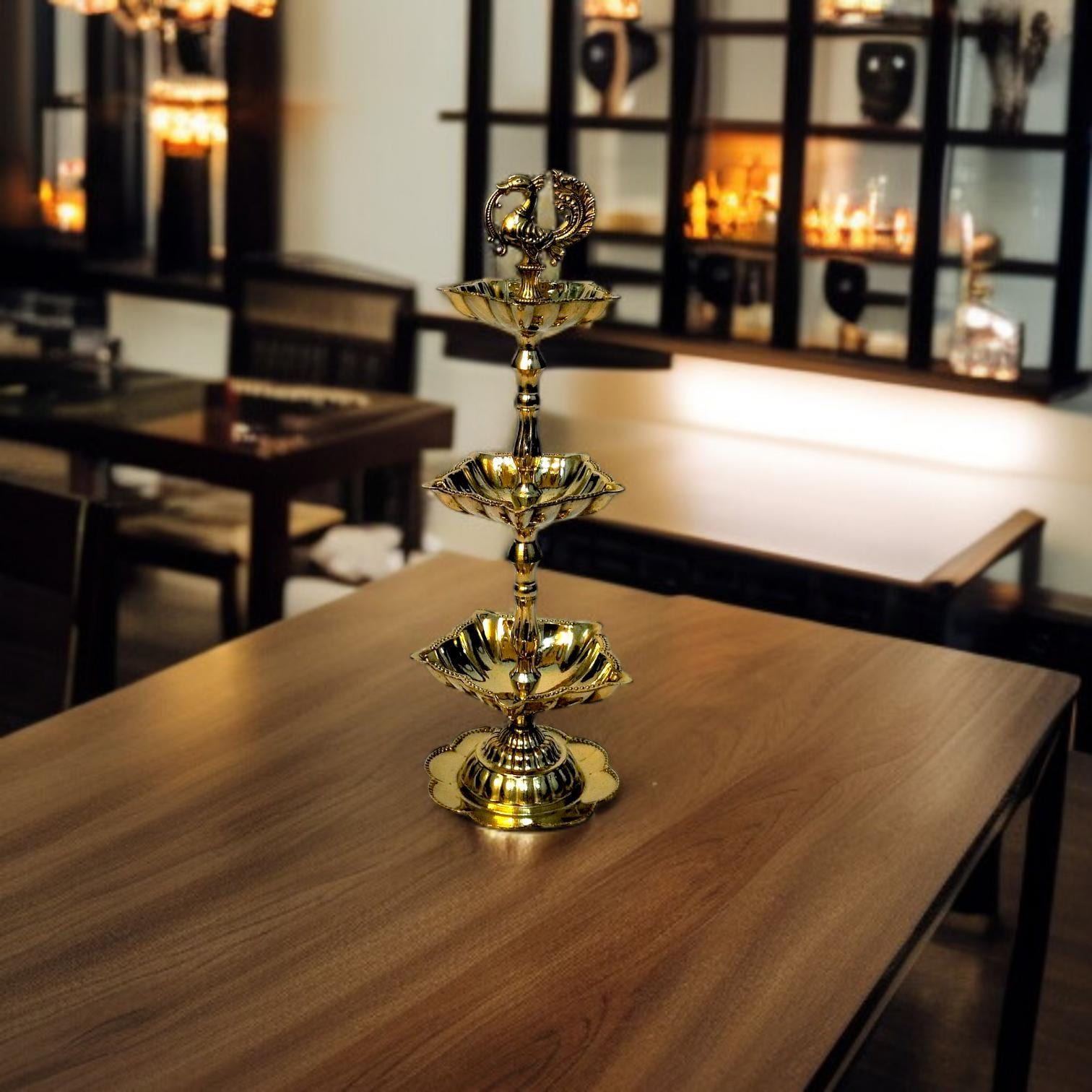 Handcrafted 3 Tier Peacock Brass Diya Stand, Traditional Oil Lamp for ...