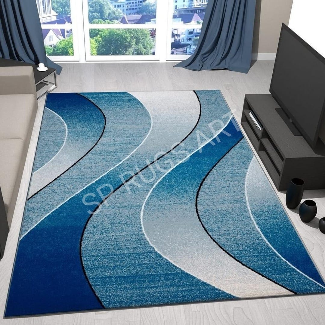 Modern Blue Wave Area Rug: Abstract Contemporary Carpet - Etsy