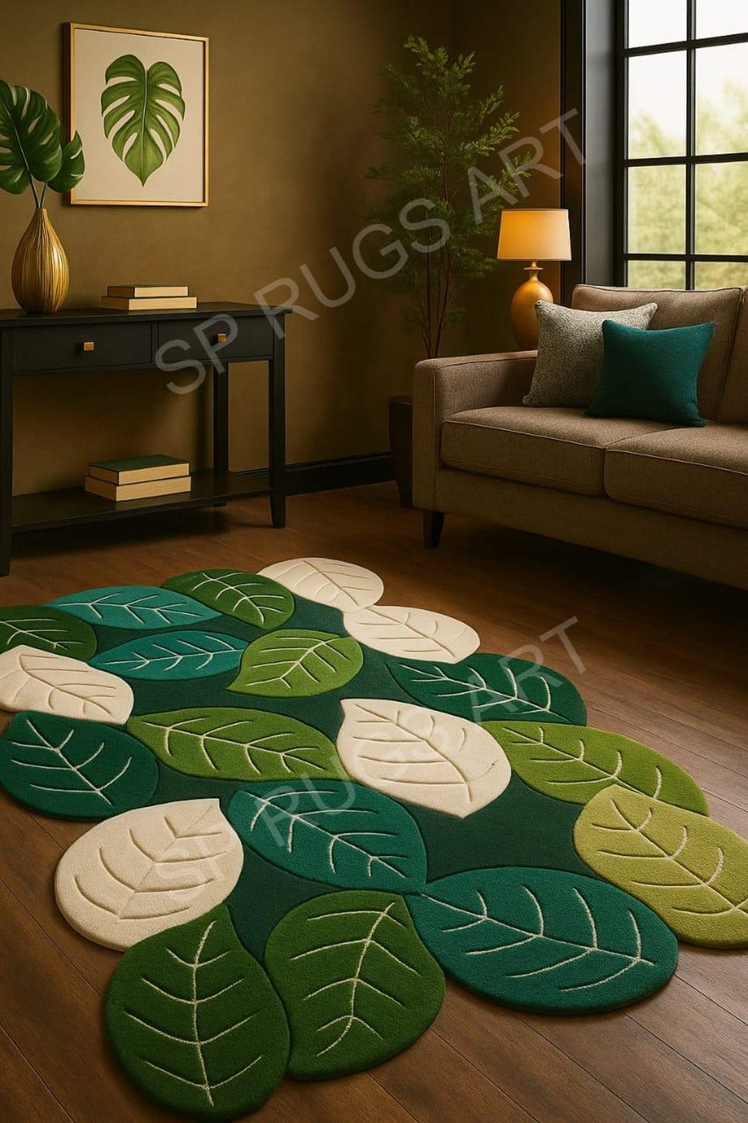 Leaf Shaped Area Rug – Green Botanical Carpet for Living Room, Modern ...