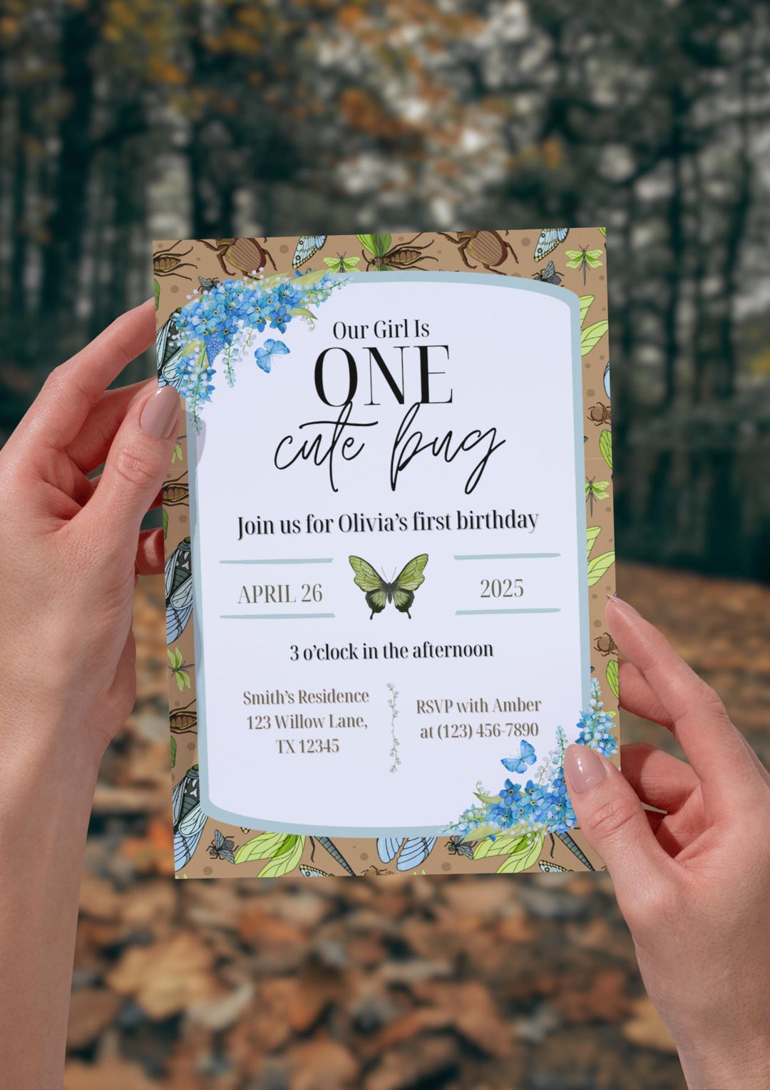 One Cute Bug Birthday Invitation | Green & Blue Pastel Butterfly Beetle ...