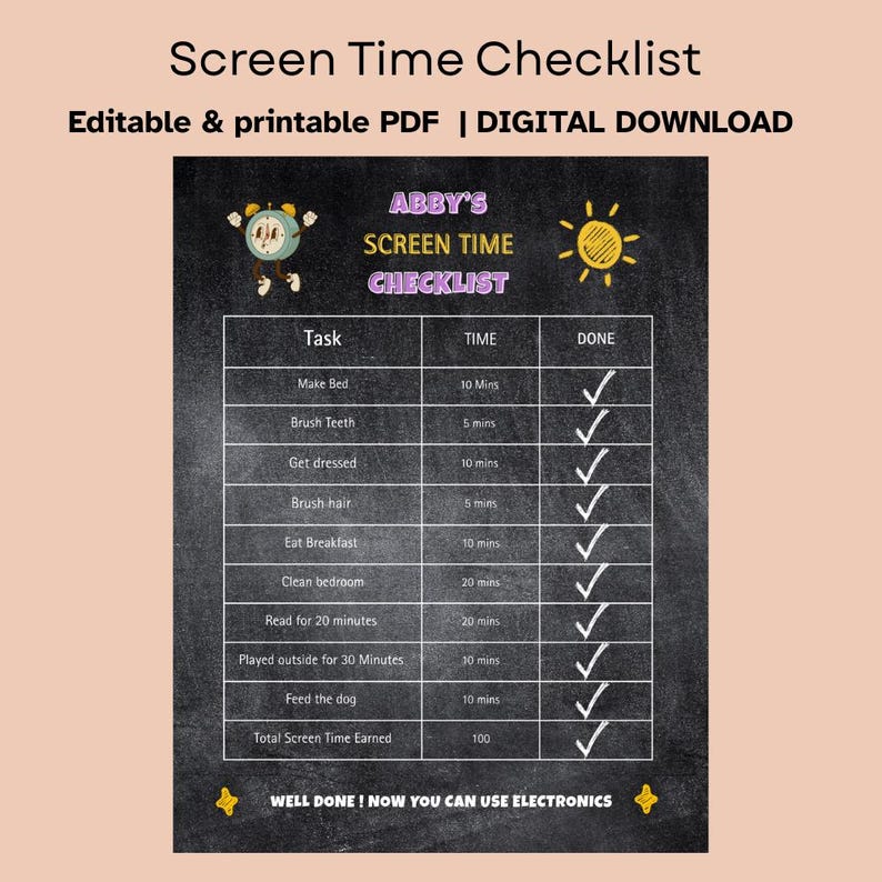Kids Screen Time Checklist | Editable & Printable PDF | Daily + Weekly ...