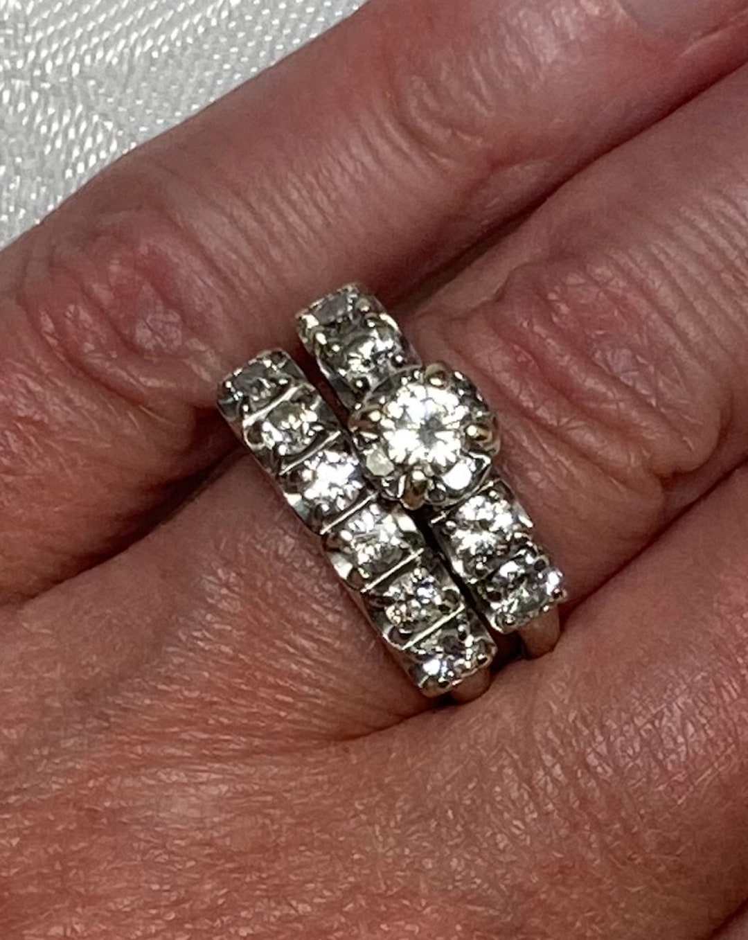 1950s Wedding Set, Diamond Engagement & Band. White Gold Sz 8-9. Halo ...