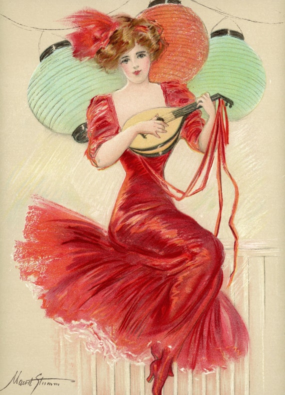 Antique Lithograph of a Beautiful Woman in Red Playing a - Etsy