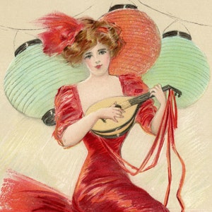 Antique Lithograph of a Beautiful Woman in Red Playing a Mandoline 1909 ...