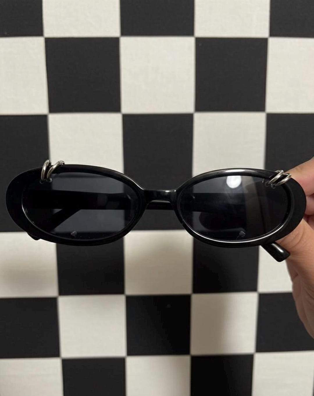 Custom Pierced Black Oval Sunglasses With Silver Piercings Festival ...