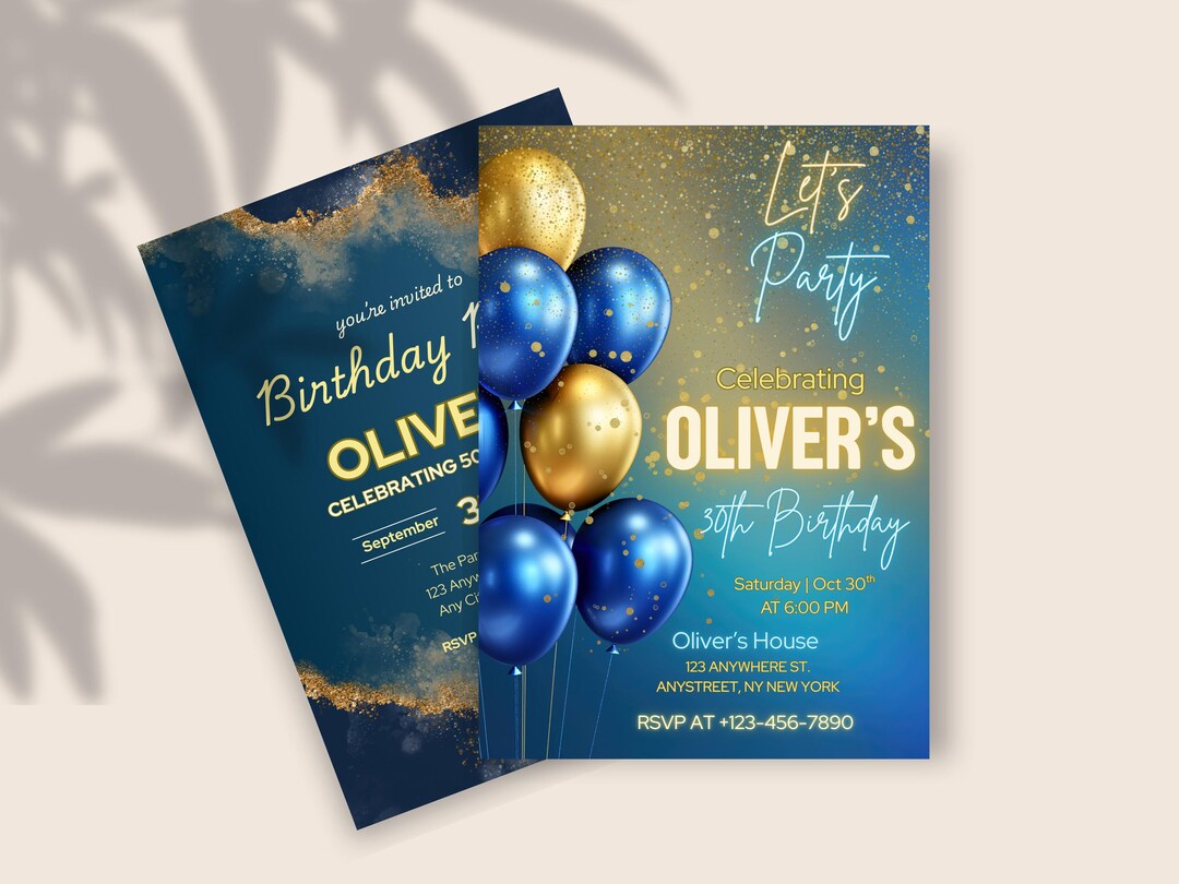 Royal Balloon Blue Gold Invitation, Ballon Gold Blue Birthday Invite ...