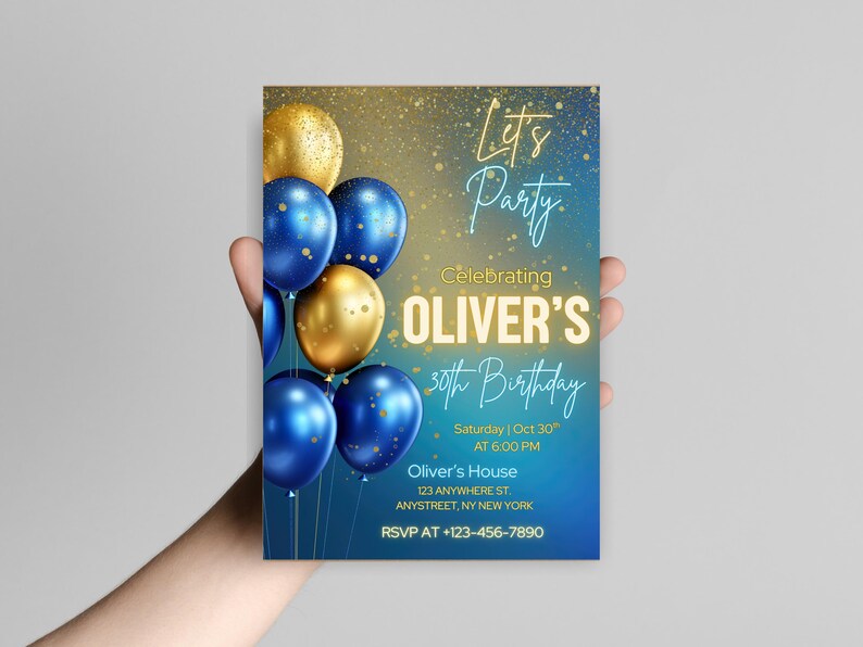 Royal Balloon Blue Gold Invitation, Ballon Gold Blue Birthday Invite ...