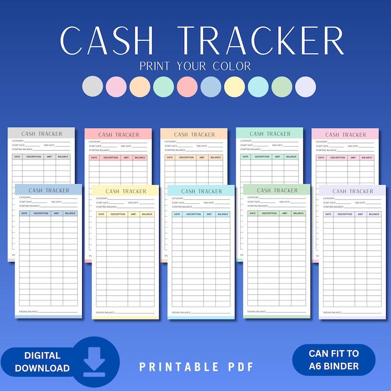 Cash Tracker Inserts Printable Colorful Cash Trackers A6 Cash Envelope ...