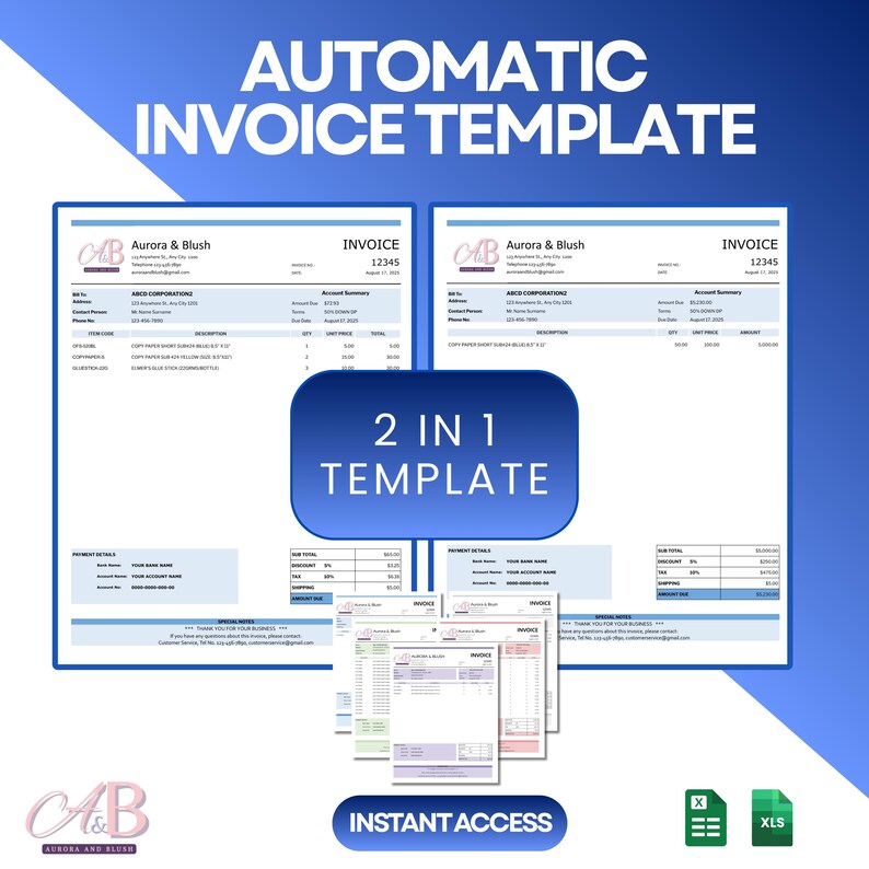 Editable Invoice Template Excel and Google Sheets Small Business Custom ...