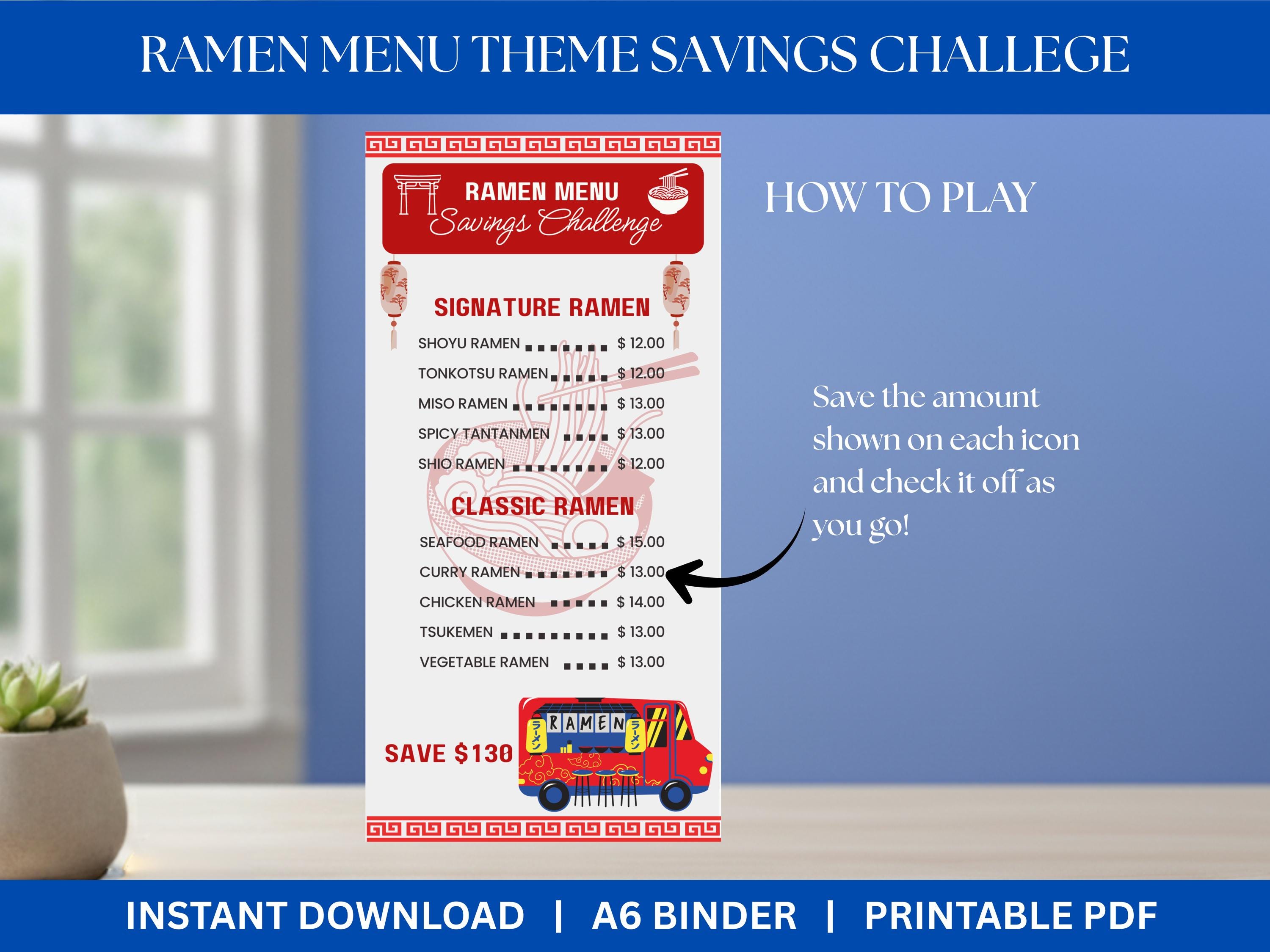 Savings Challenge Inserts Ramen Menu Theme Cash Stuffing A6 Binder ...