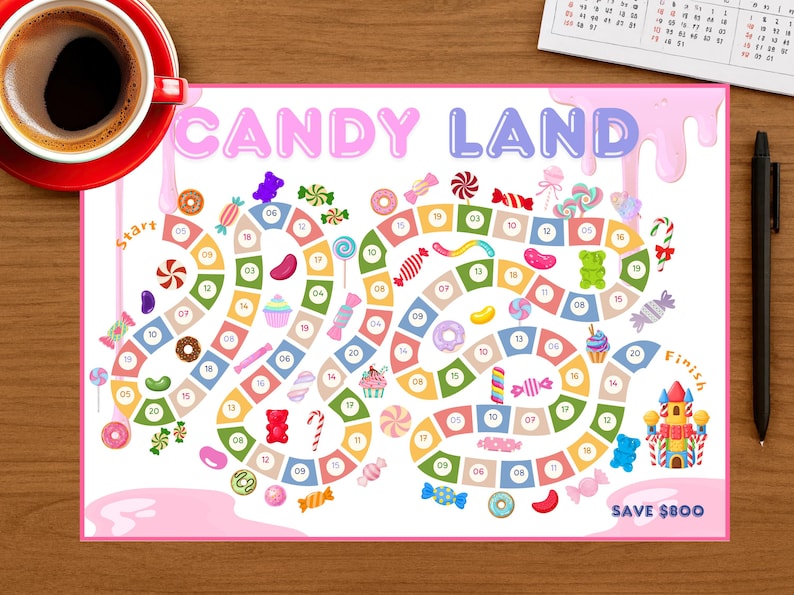 Candy Land Savings Challenge Save 800 A5 Savings Inserts Cash Stuffing ...