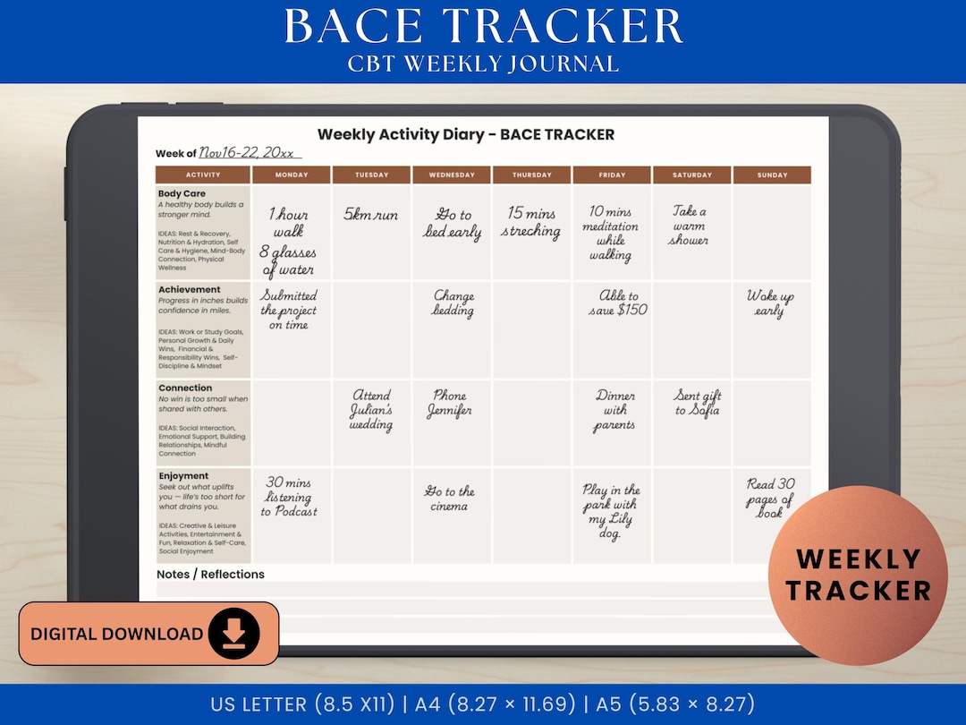 Bace Tracker Printable CBT Self Care Worksheet Weekly PDF Download US ...
