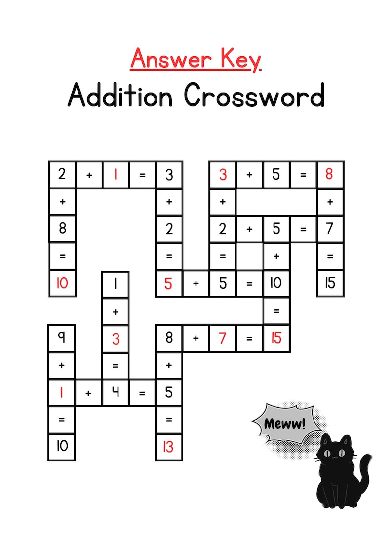 Printable Addition Crossword Puzzle | Math Worksheet Game for Kids ...